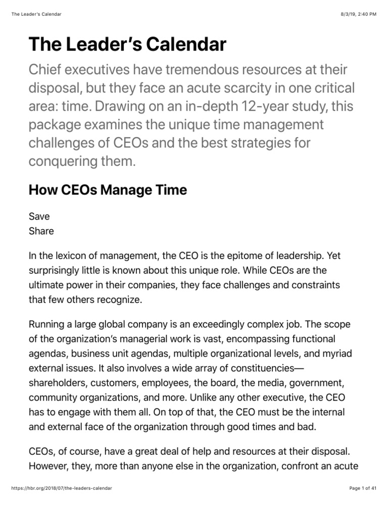 The Leader's Calendar | PDF | Leadership | Time