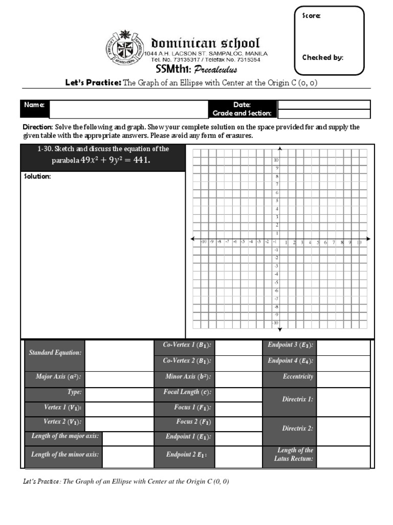 Let S Practice 14-The Graph of An Ellipse With Vertex at The Origin 0 0 ...