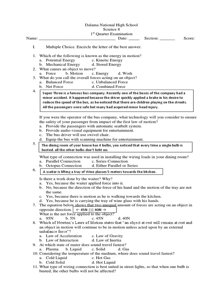 Grade 8 Science 1st Quarter Exam | PDF | Newton's Laws Of Motion | Force