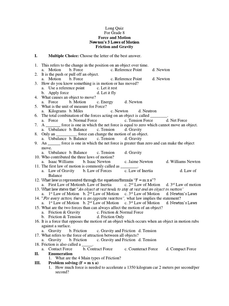 Force and Motion Quiz | PDF | Friction | Force