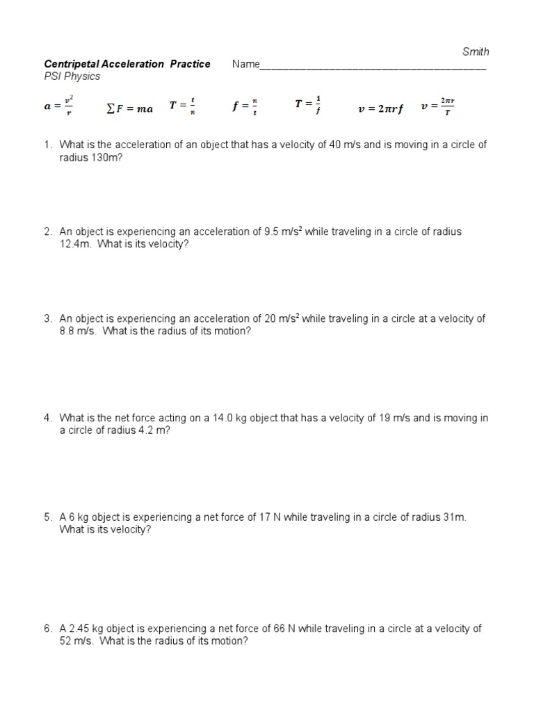 Centripetal Acceleration Practice Questions | PDF | Acceleration ...