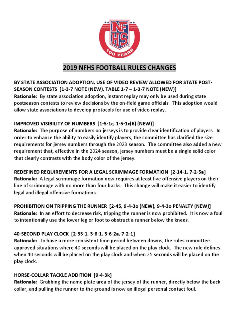 2019 NFHS Football Rules Changes | PDF | American Football | Sport Variants