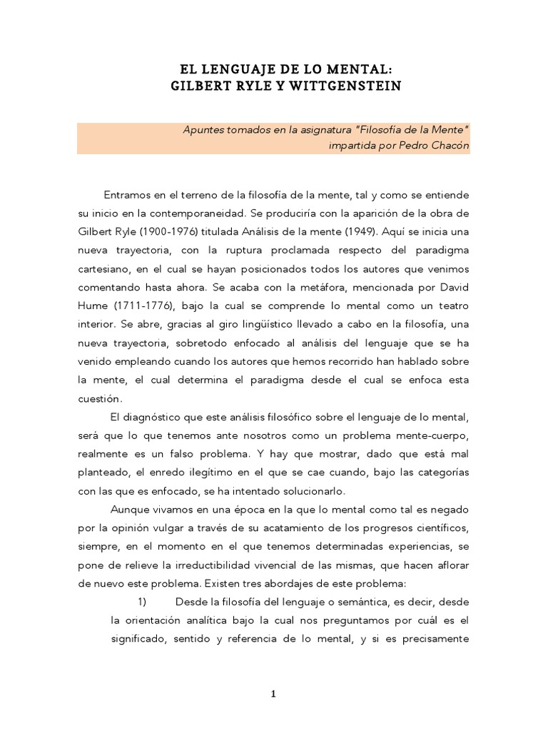 Lenguaje de Lo Mental Gilbert Ryle y Wittgenstein | PDF | Ludwig ...