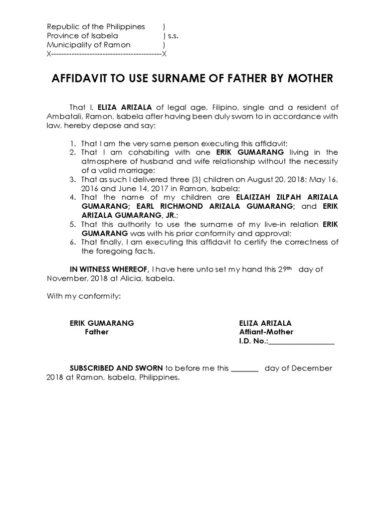 Affidavit for Mother's Surname Use | PDF