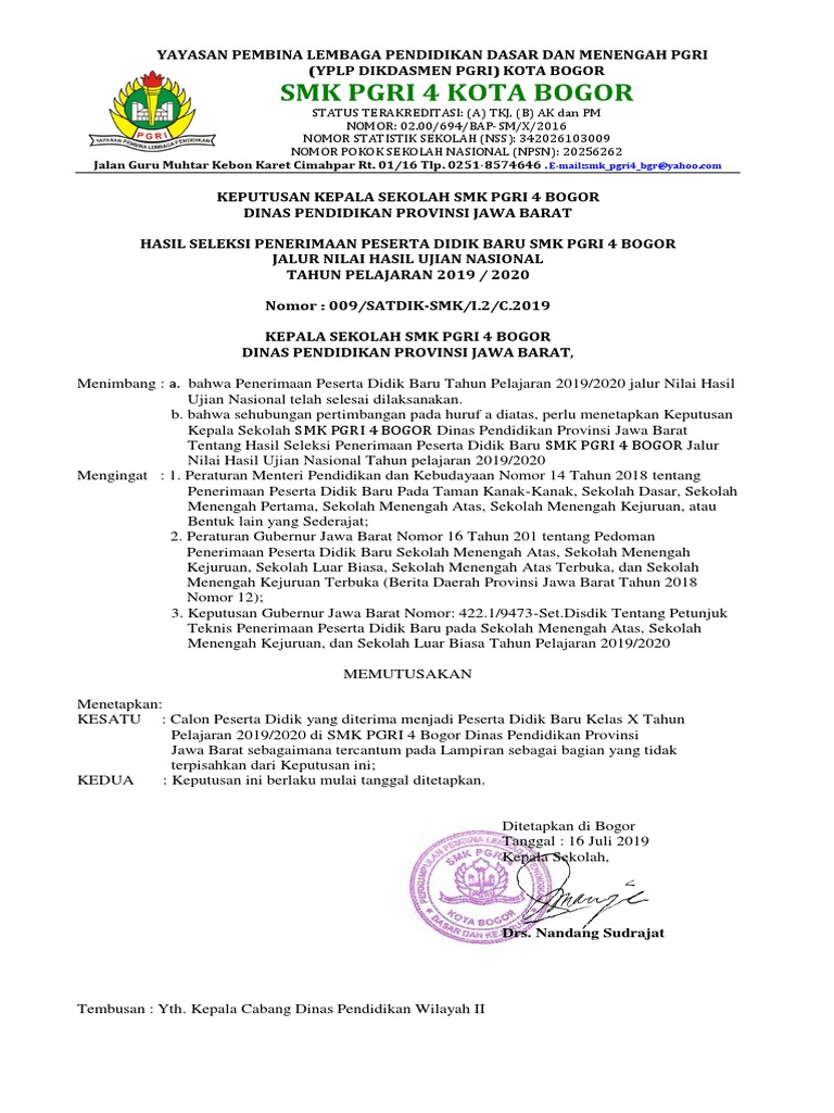 SK Penetapan Siswa PSB | PDF