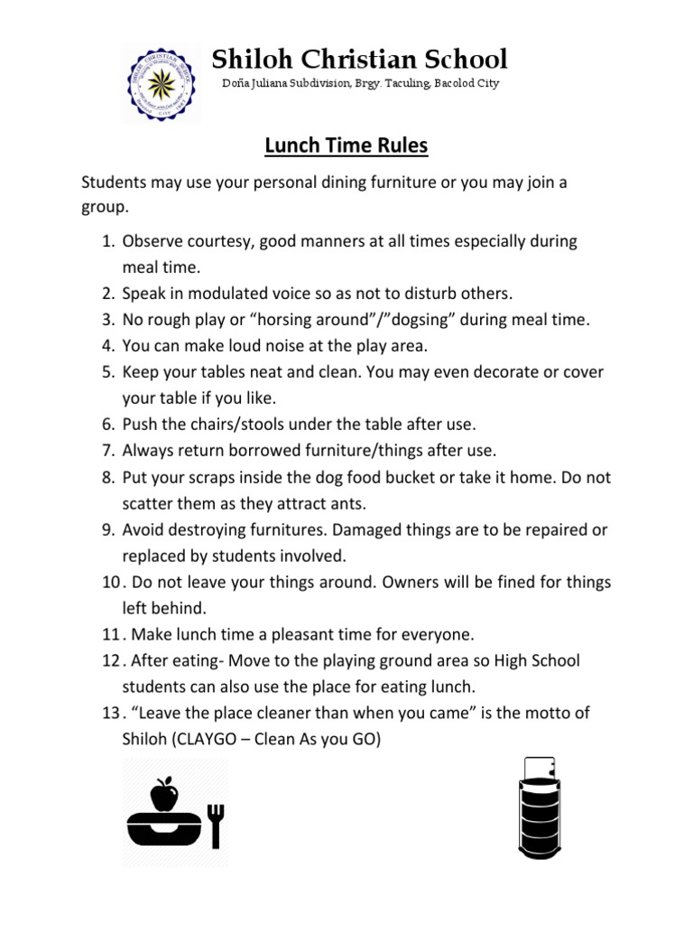 Shiloh Christian School: Lunch Time Rules | PDF | Eating Behaviors | Meal