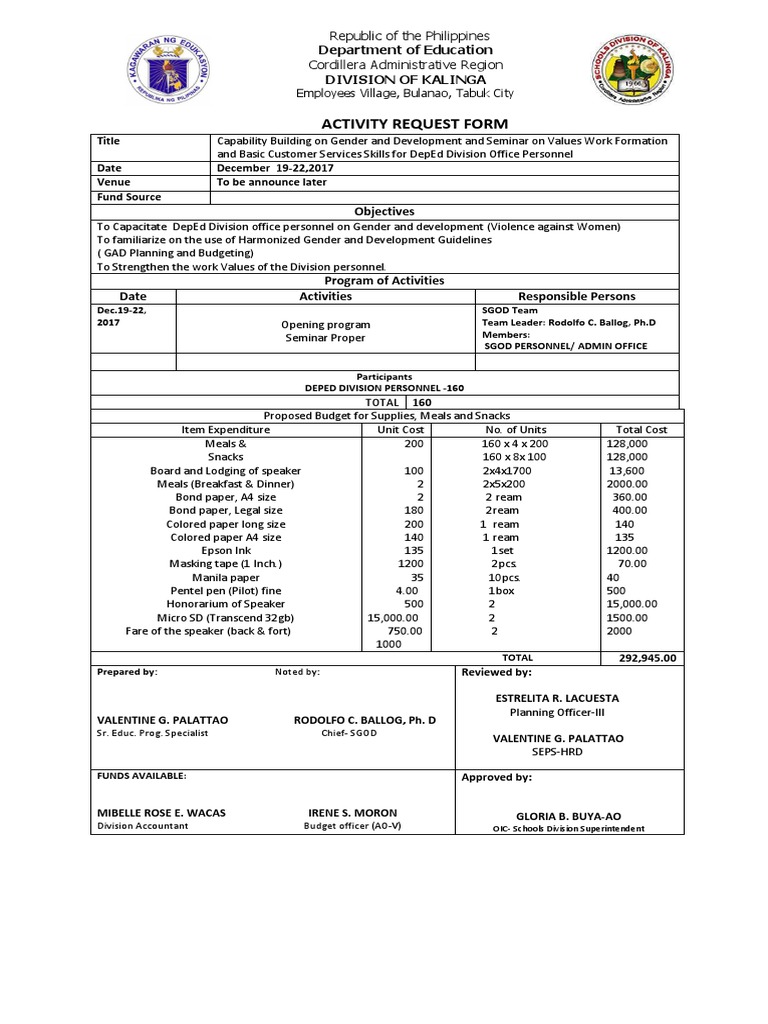 Activity Request Form: Department of Education Division of Kalinga ...