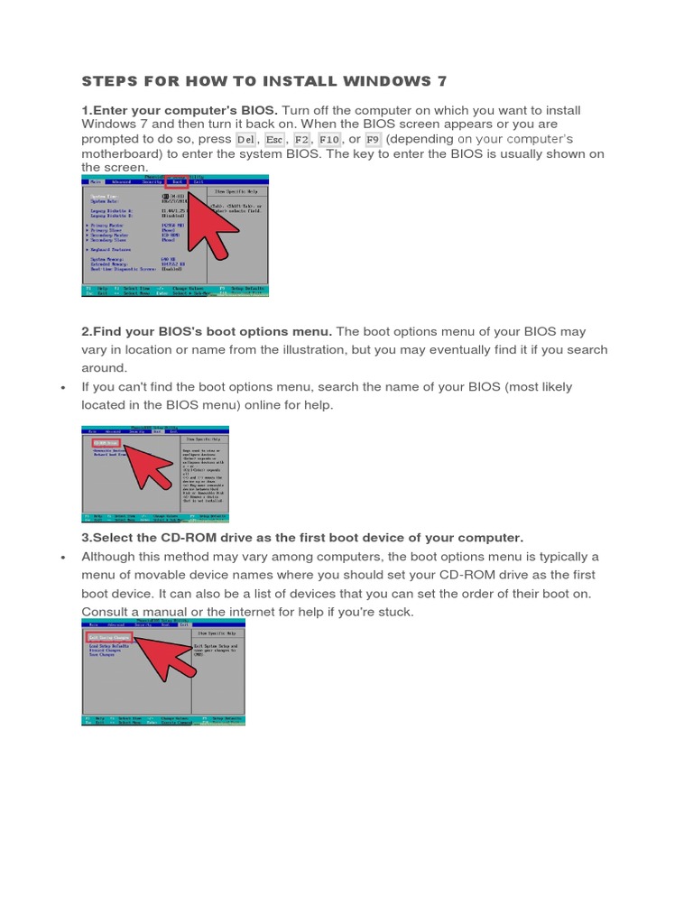 Steps For How To Install Windows 7: 1.enter Your Computer's BIOS | PDF ...