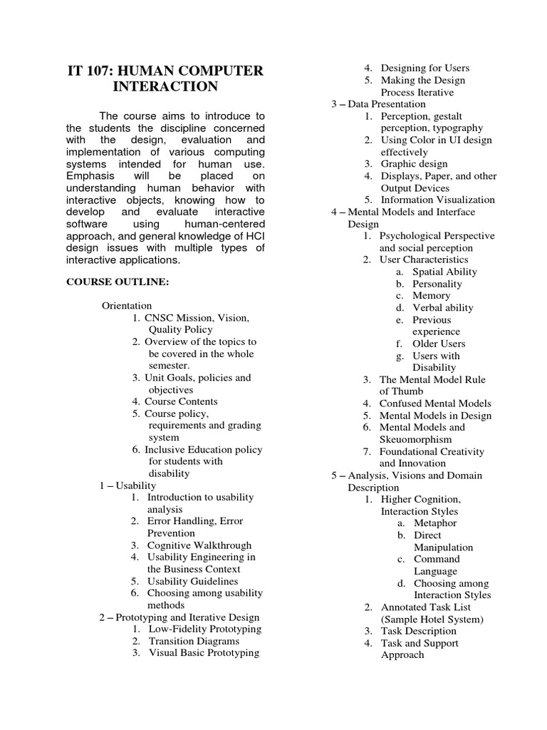 It 107: Human Computer Interaction: Course Outline | PDF | Human ...