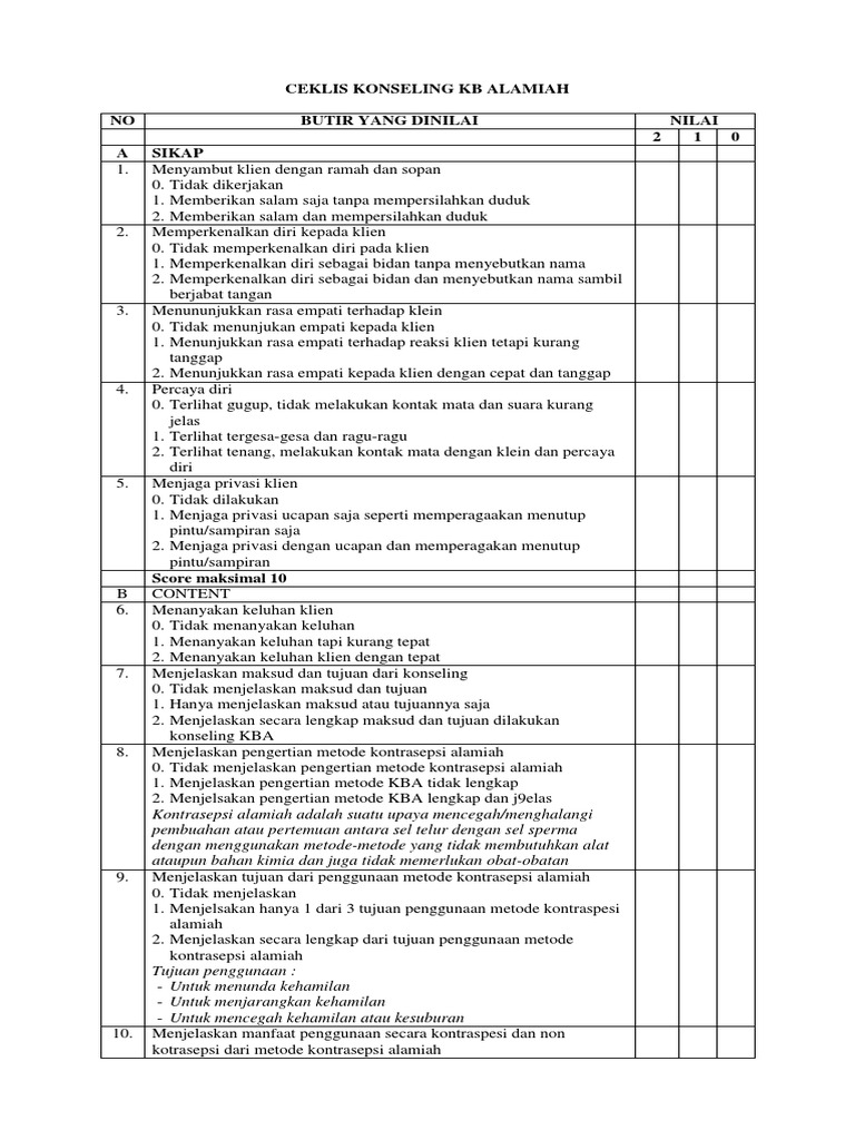 Ceklis Konseling KB Alamiah | PDF