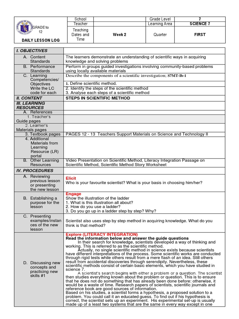 7 Science 7 Week 2 First: School Grade Level Teacher Learning Area ...