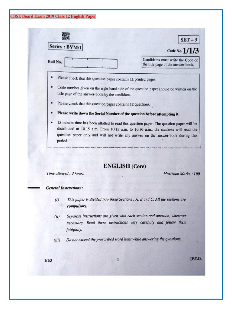 Cbse Board Exam 2019 Class 12 English Paper PDF | PDF