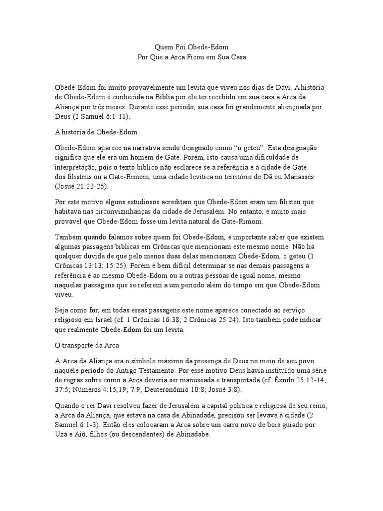 2 Quem Foi Obede Edom - Artigo | PDF | Arca da Aliança | Livros de crônicas