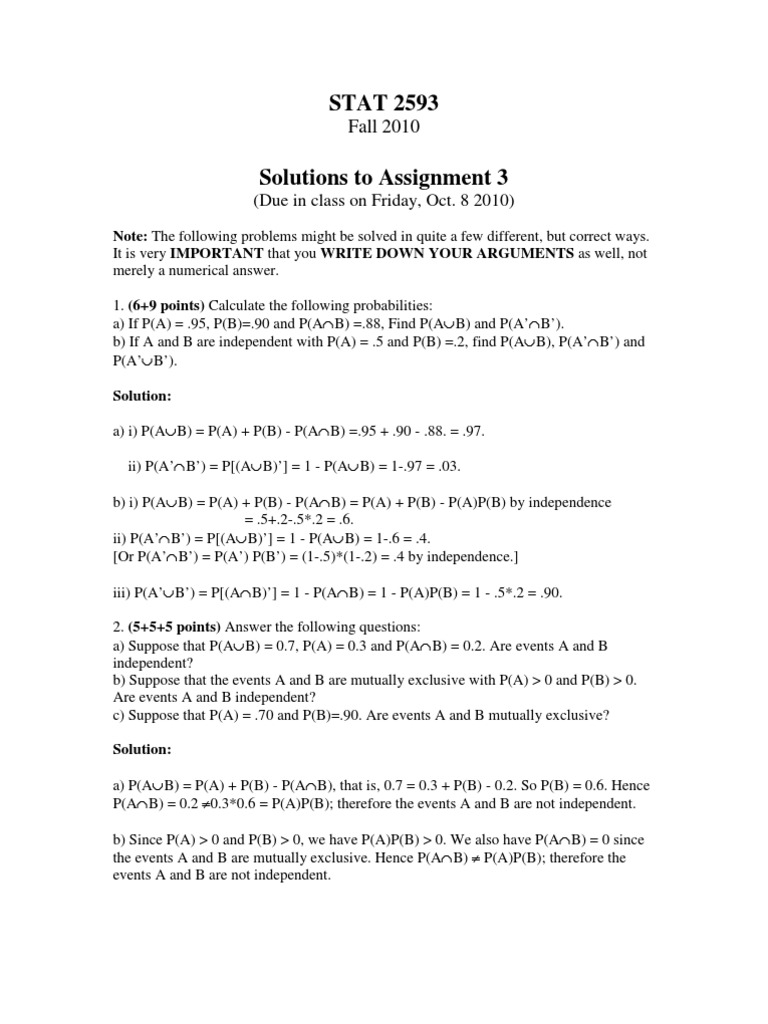Solutions to Probability and Statistics Problems: An Analysis of Assignments Regarding ...
