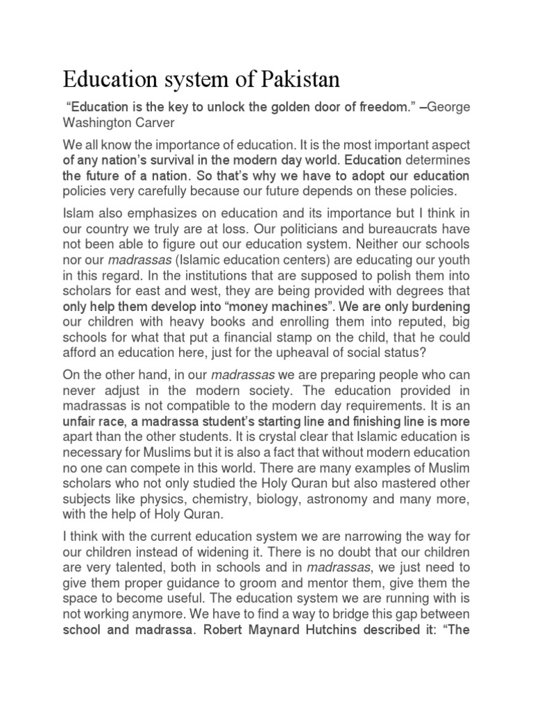 Education System Of Pakistan Pdf Religion And Belief
