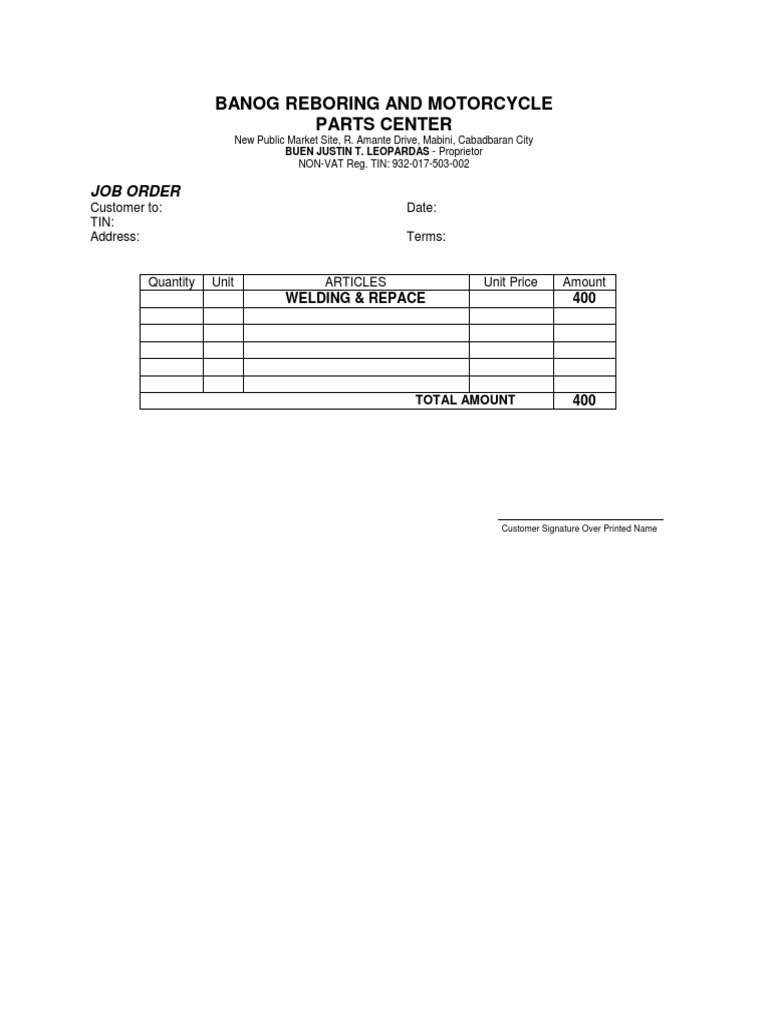 Banog Reboring Job Order Form | PDF
