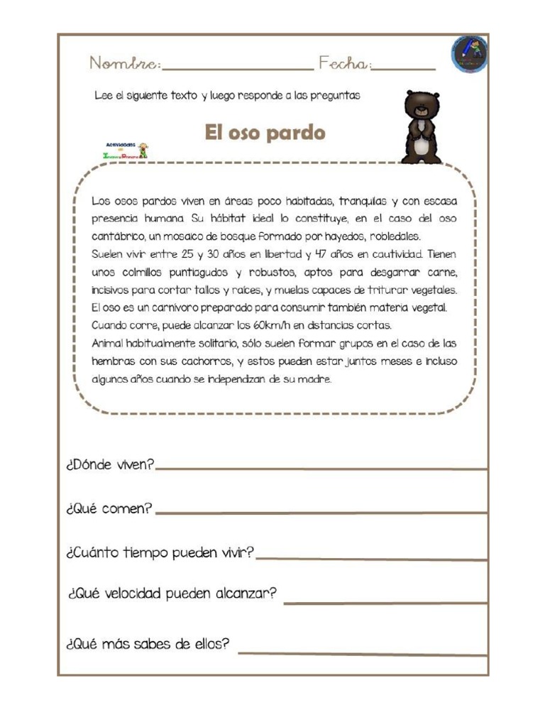 Comprension de Lectura Los Animales 2° Básico | PDF