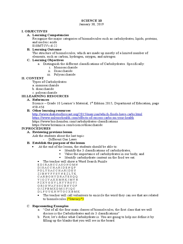 Demo Lesson Plan | PDF | Carbohydrates | Polysaccharide