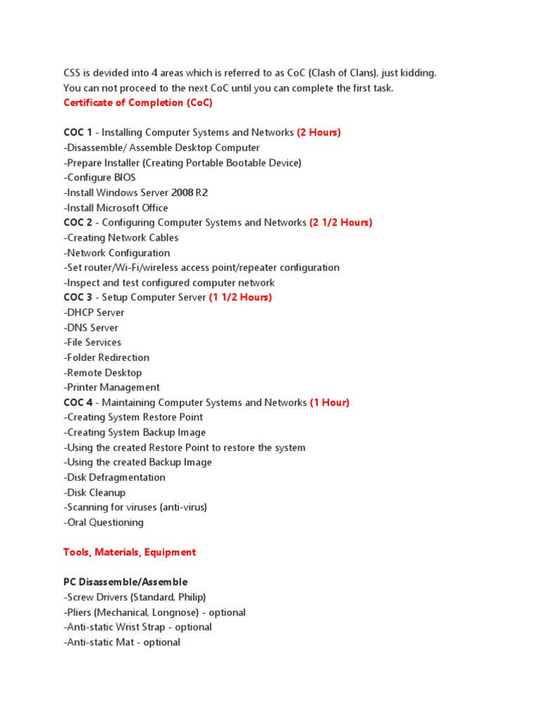 Certificate of Completion (Coc) (2 Hours) : Coc 1 - Installing Computer ...