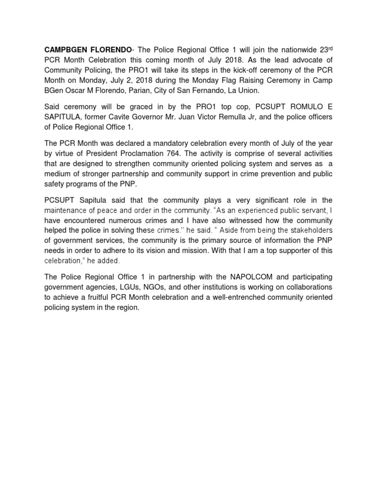 PRO1 to Kick Off PCR Month Celebration with Flag Raising Ceremony at ...