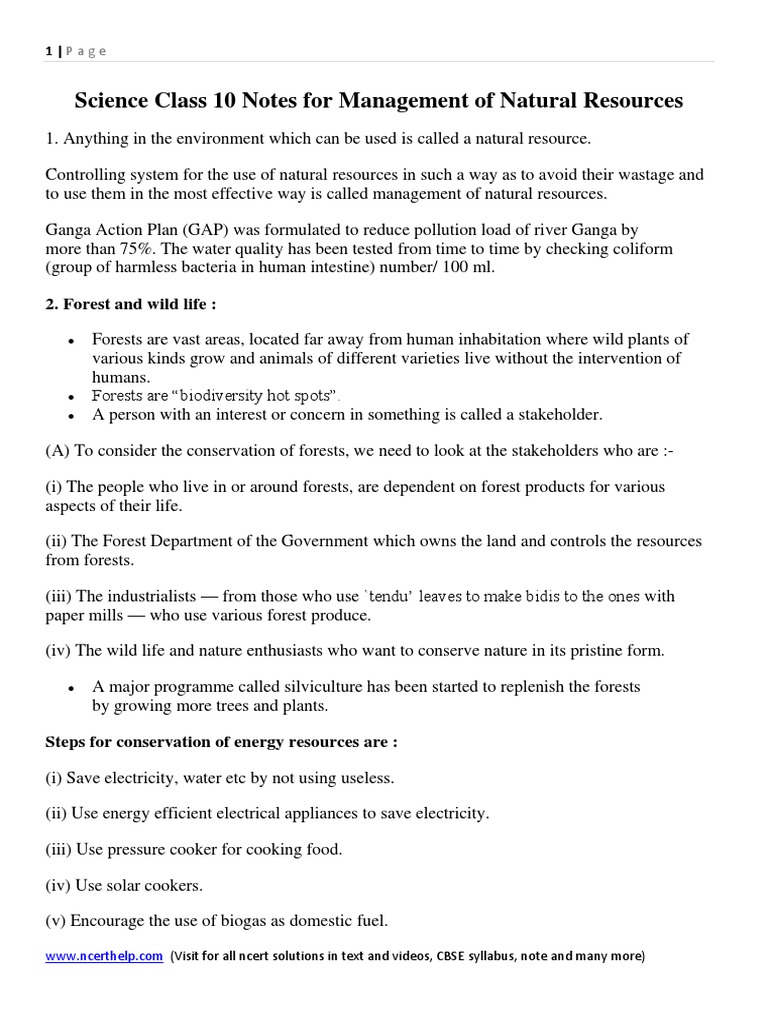 Class 10 Natural Resource Management Notes | PDF | Combustion | Fuels