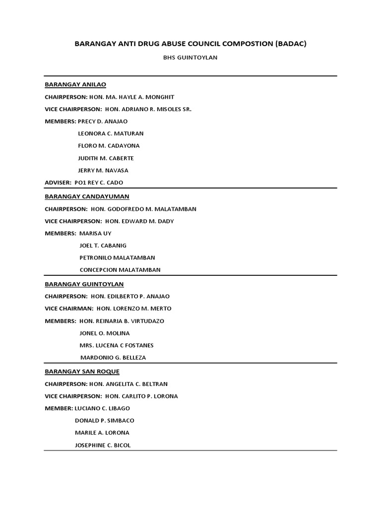 Barangay Anti Drug Abuse Council Compostion | PDF Barangay Anti Drug Abuse Council Compostion | PDF