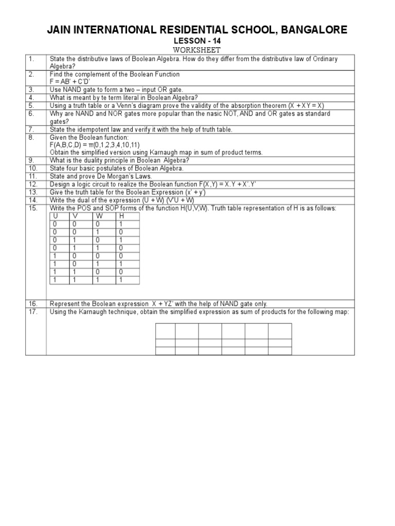 Jain International Residential School, Bangalore: Worksheet | PDF