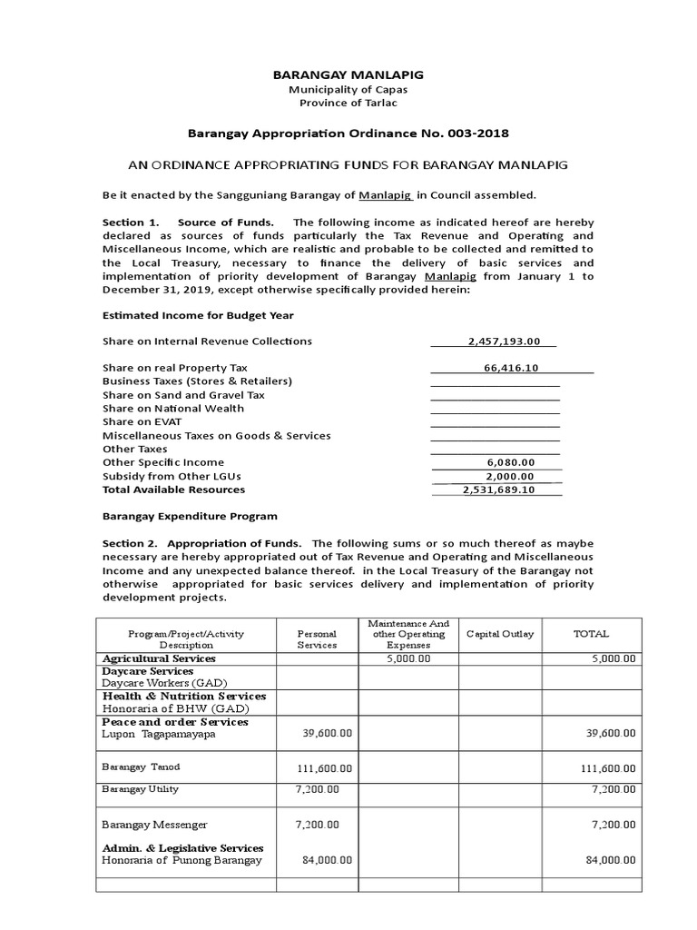 An Ordinance Appropriating Funds For Barangay Manlapig | PDF | Taxes ...