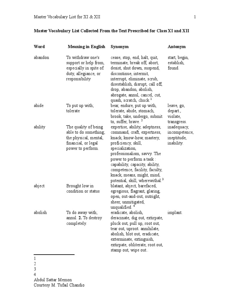 Master Vocabulary List Collected From The Text Prescribed For Class XI ...