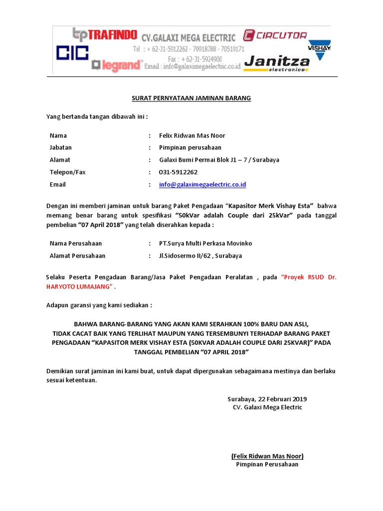 Contoh Surat Pernyataan Barang | PDF