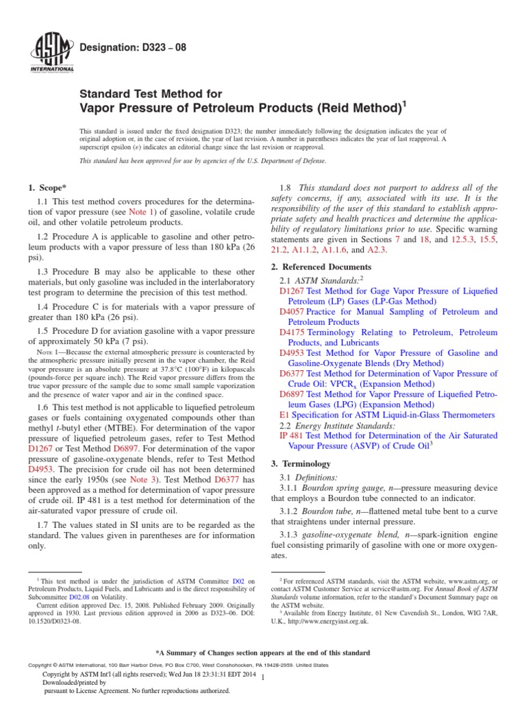 Vapor Pressure of Petroleum Products (Reid Method) : Standard Test ...