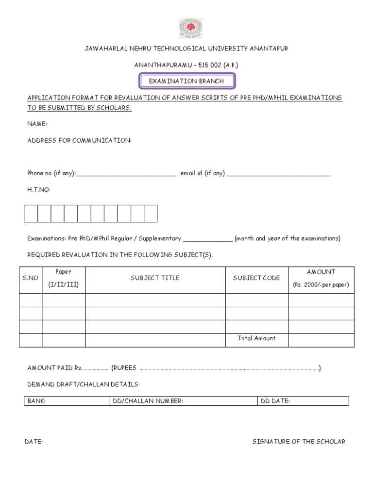JNTUA Pre PhD/MPhil Exam Revaluation Form | PDF