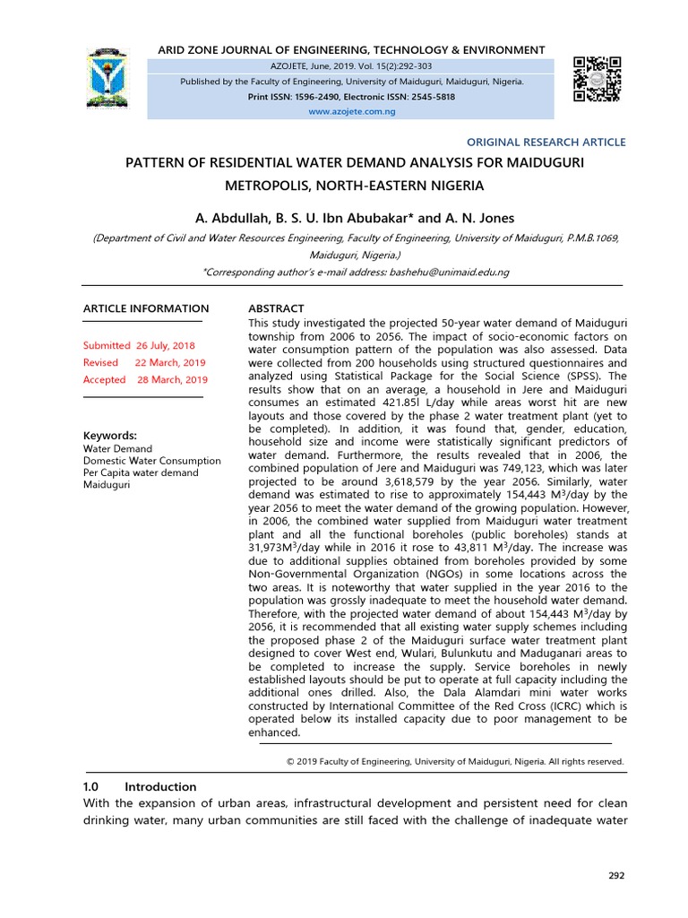 Pattern of Residential Water Demand Analysis For Maiduguri Metropolis ...