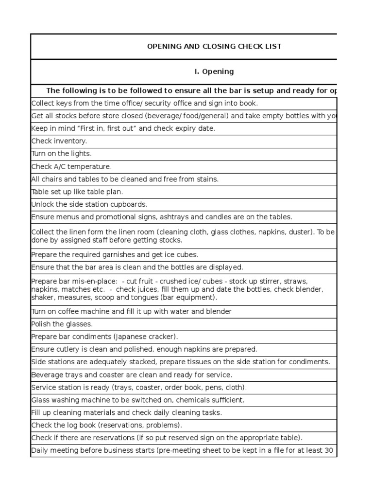 Bar Opening and Closing Checklist | PDF | Beverages | Nature