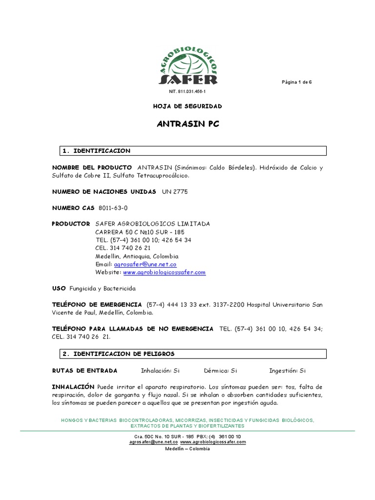 Hoja de Seguridad Antrasin | PDF | Pesticida | Agua