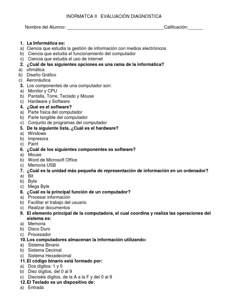 1.examen Diagnostico Informatica II | PDF | Hardware de la computadora | Sistema operativo