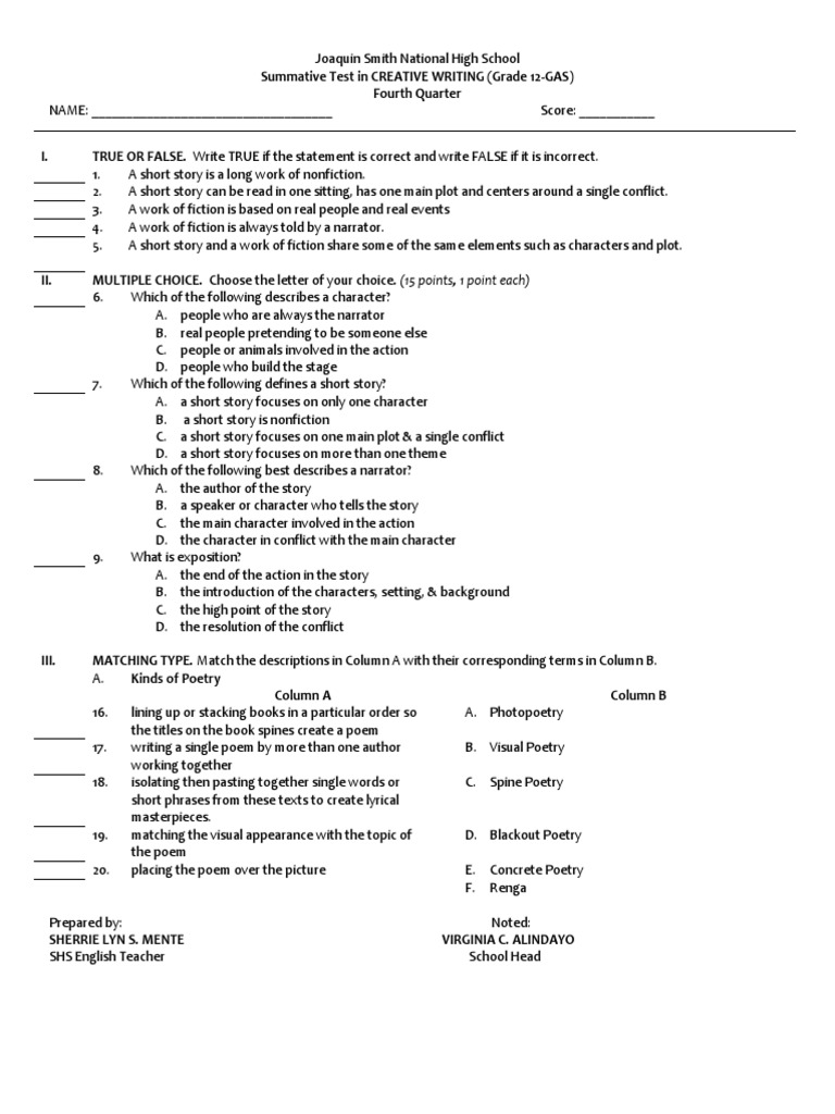 Summative Test in CREATIVE WRITING (Grade 12-GAS) Fourth Quarter | PDF ...