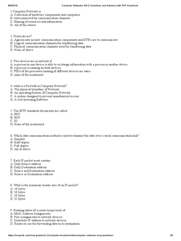 Computer Networks MCQ Questions and Answers With PDF Download | PDF ...