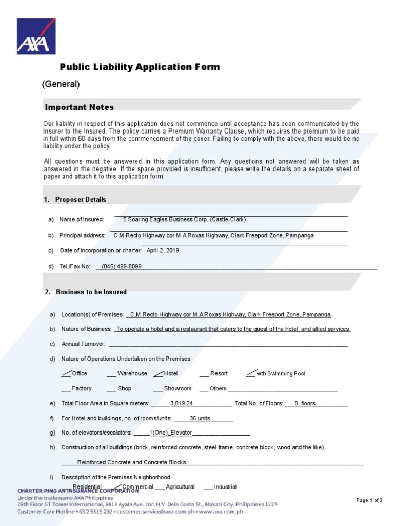 Public Liability Insurance Application Form | PDF | Deductible | Insurance
