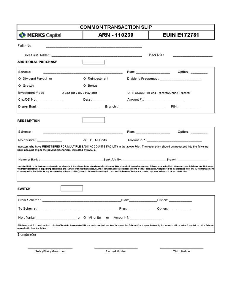 Merks Common Transaction Slip | PDF | Dividend | Banks