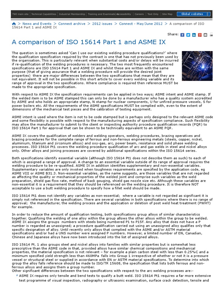A Comparison of ISO 15614 Part 1 and ASME IX | PDF | Welding | Construction