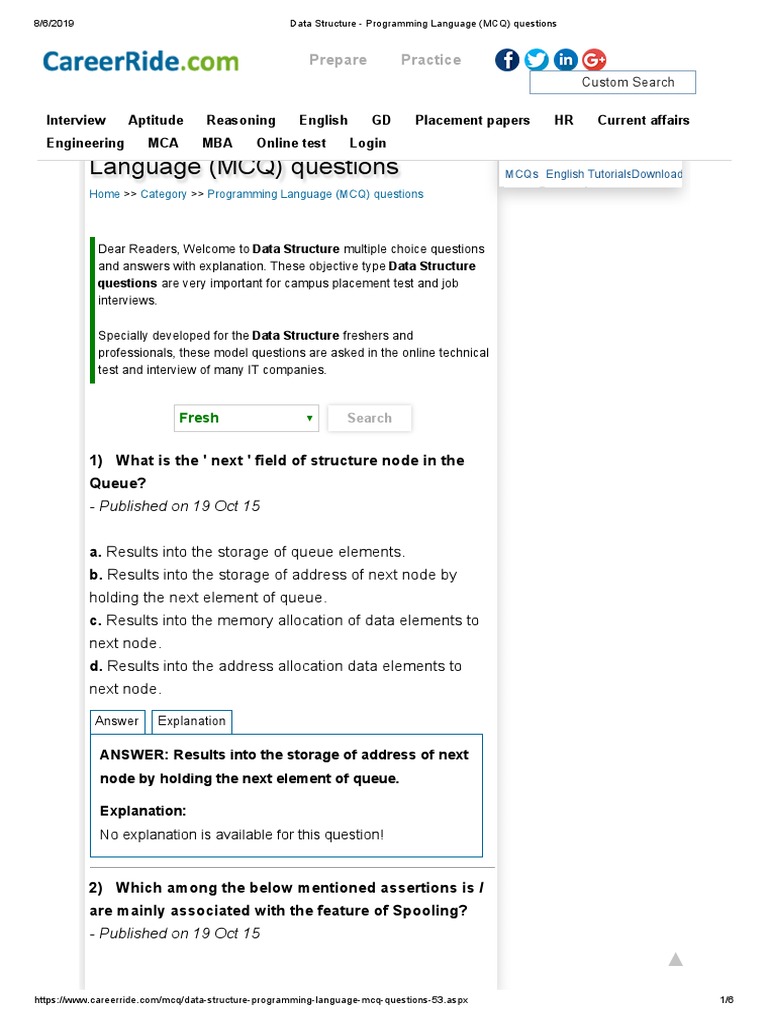 Data Structure Programming Language Mcq Questions Pdf Array Data Structure Multiple Choice