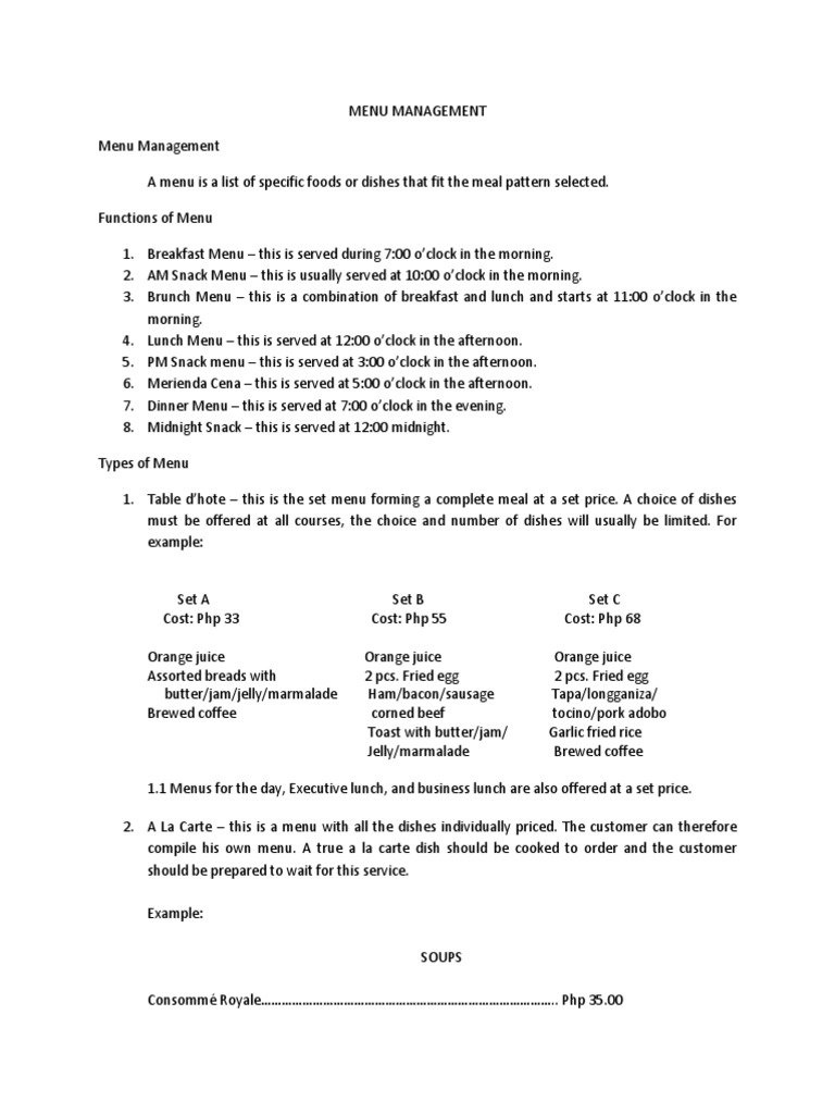 Menu Management Pdf Menu Lunch