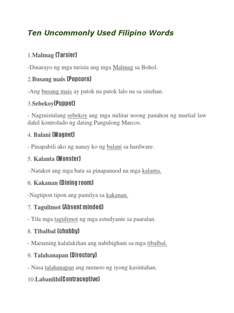 Ten Uncommonly Used Filipino Words | PDF