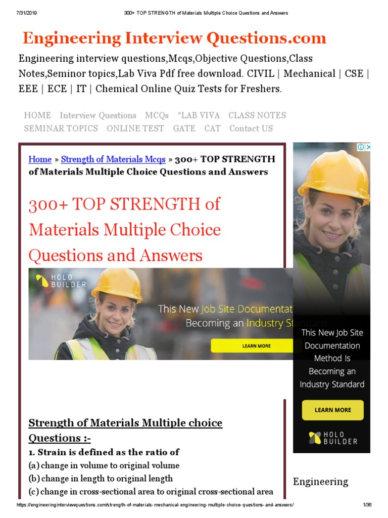 300+ TOP STRENGTH of Materials Multiple Choice Questions and Answers ...
