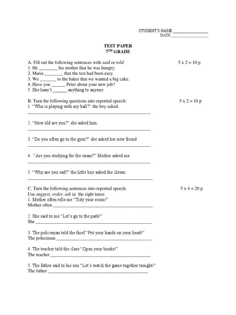 7th Grade Test | PDF