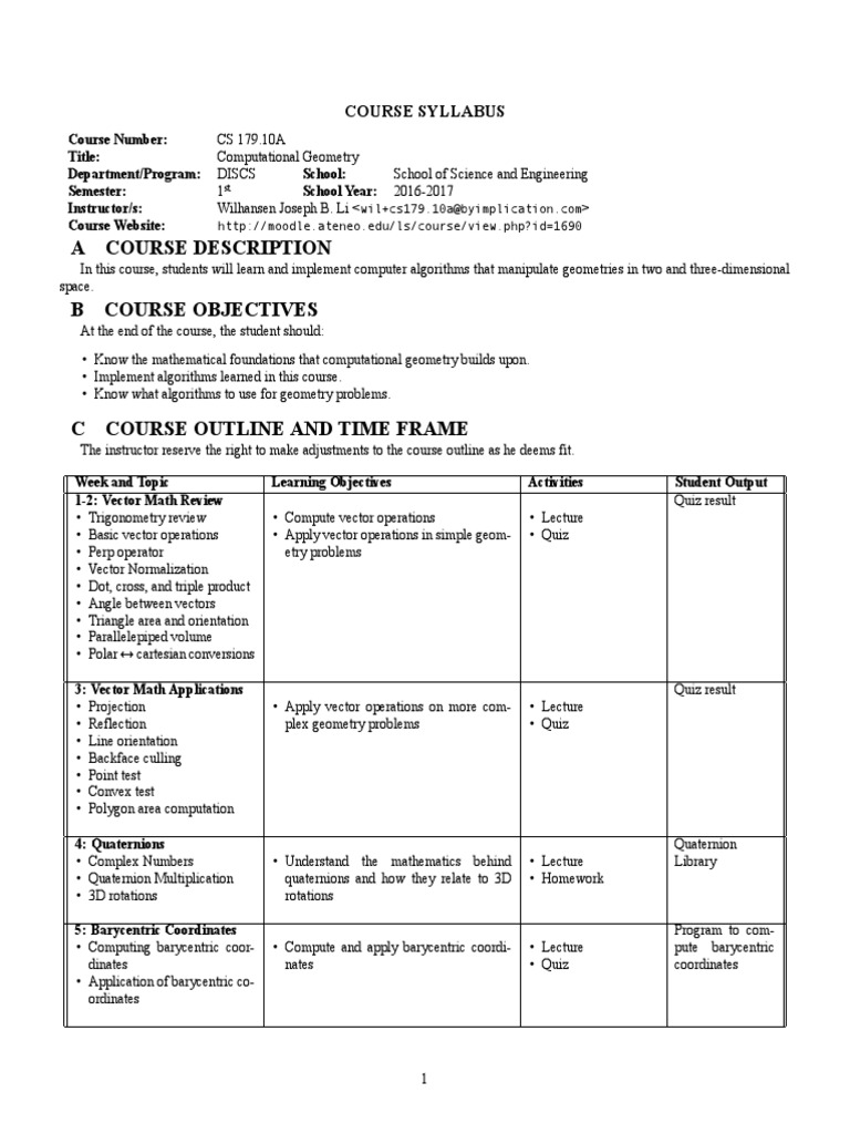CS179.10 Computational Geometry Syllabus | PDF | Euclidean Vector | 3 D ...