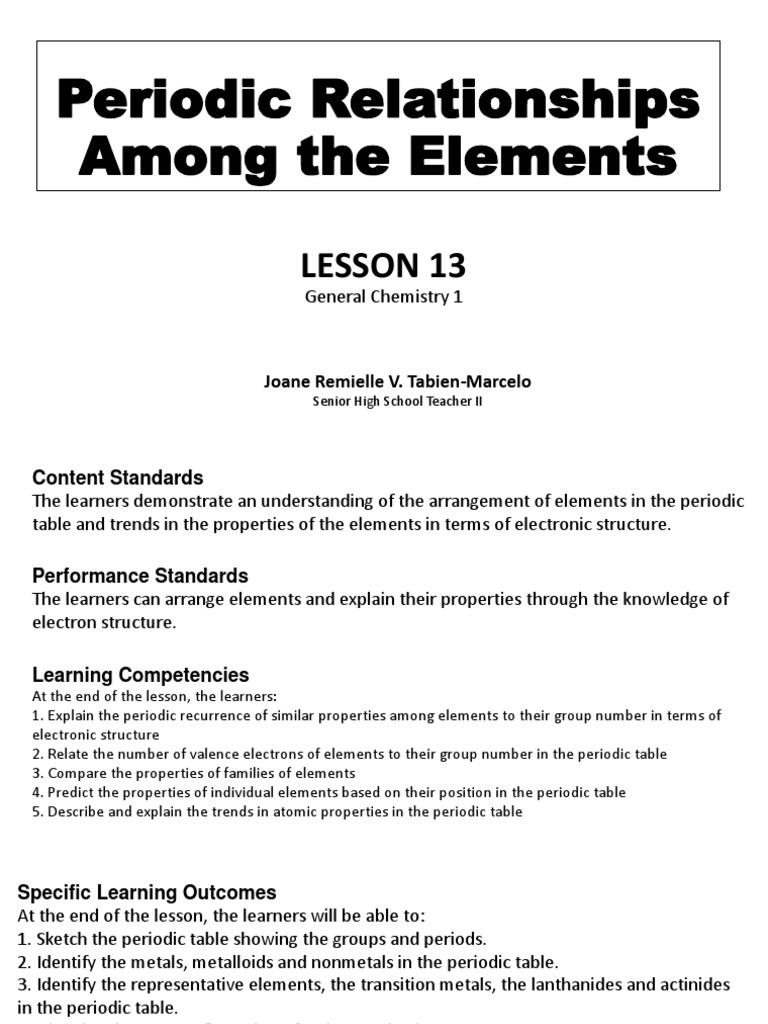 CHEM1 LESSON 13 Periodic Relationships Among Elements | PDF | Ion ...