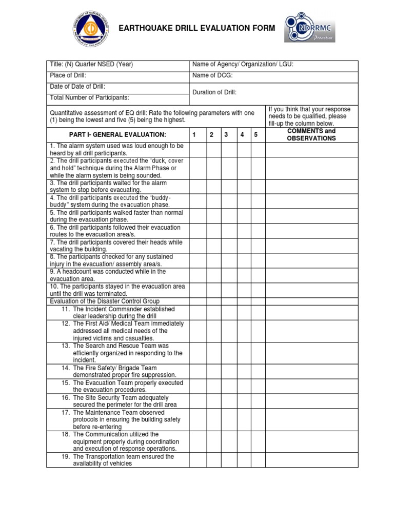 Earthquake Drill Evaluation Form: Part I-General Evaluation: 1 2 3 4 5 ...