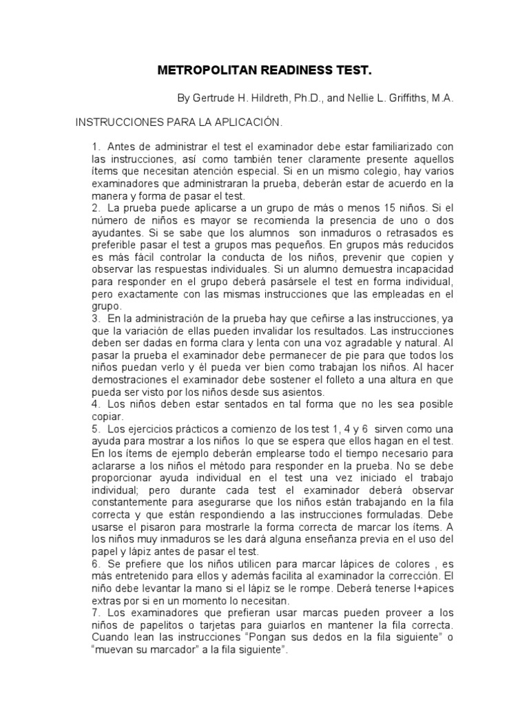 Instrucciones para el Test Metropolitan | PDF